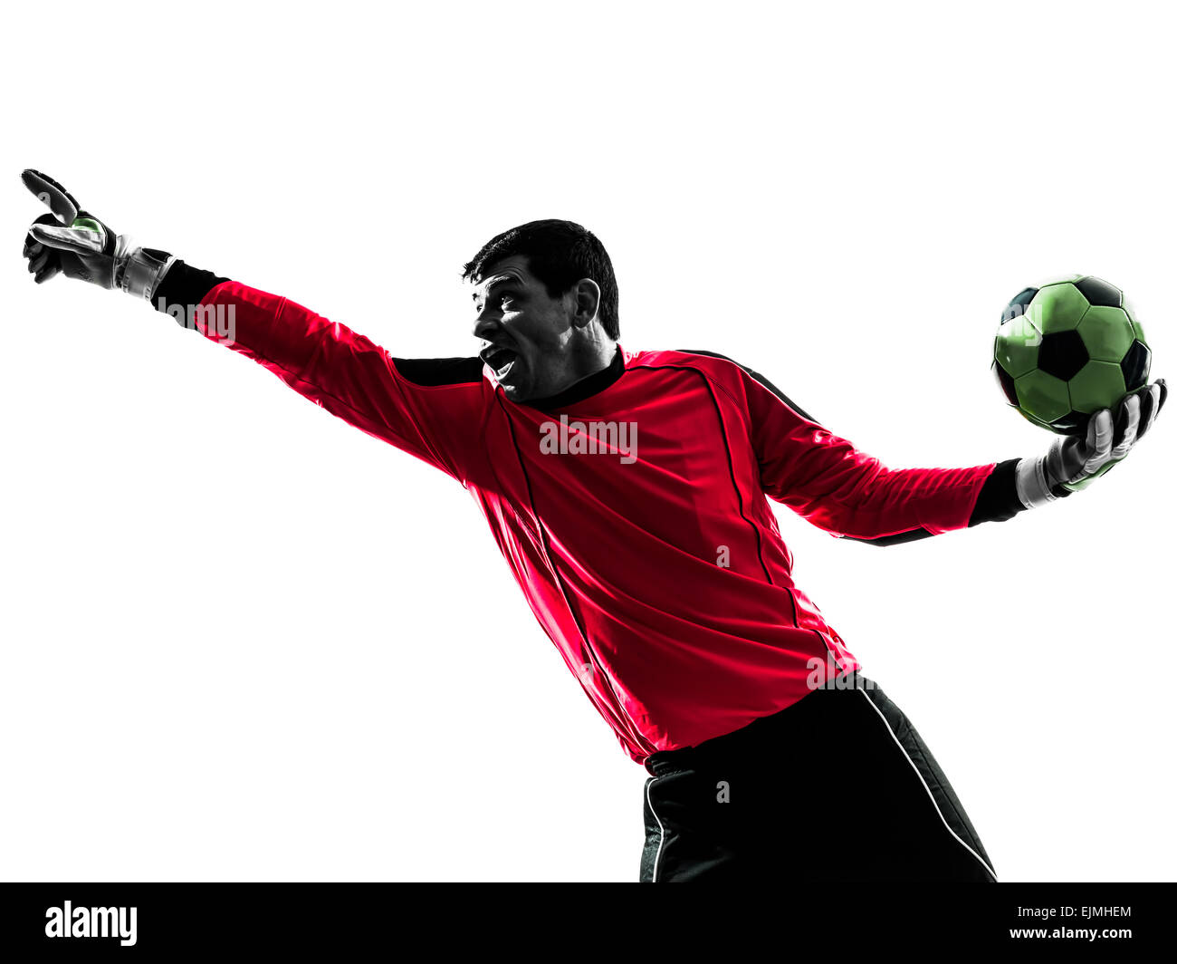 one soccer player goalkeeper man pointing in silhouette isolated white ...