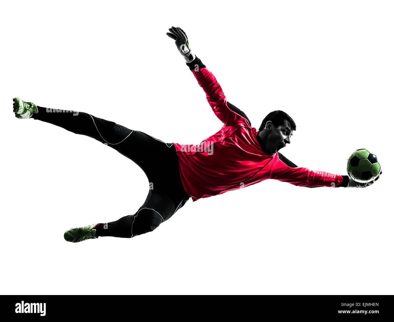 one soccer player goalkeeper man catching ball in silhouette isolated ...