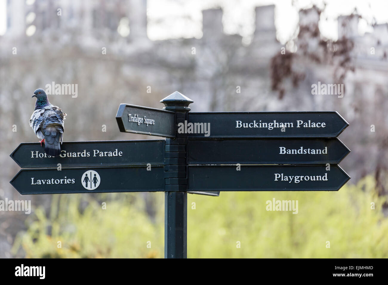 Signpost to famous London landmarks, St. James's Park, London Stock ...