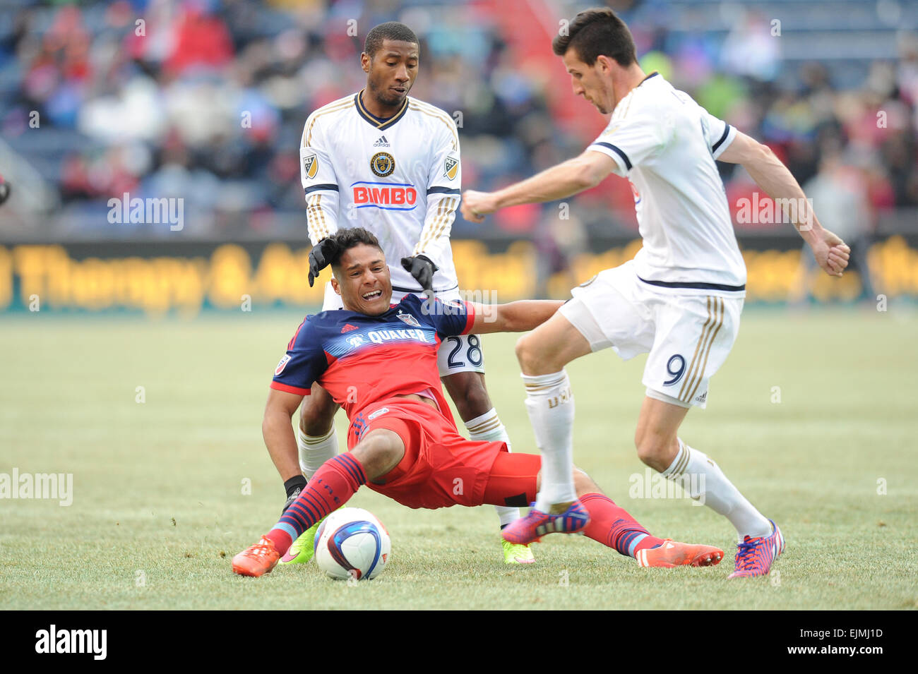 March 29, 2015: Philadelphia Union defender Raymon Gaddis (28) pushes ...