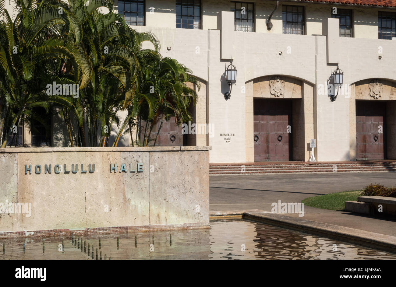 Spanish style architecture of Honolulu Hale or town hall in center of ...