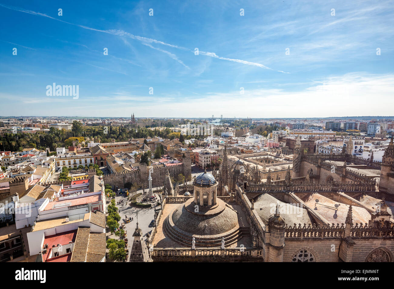 Seville city overlook from Giralda tower. Scenic Seville skyline view ...