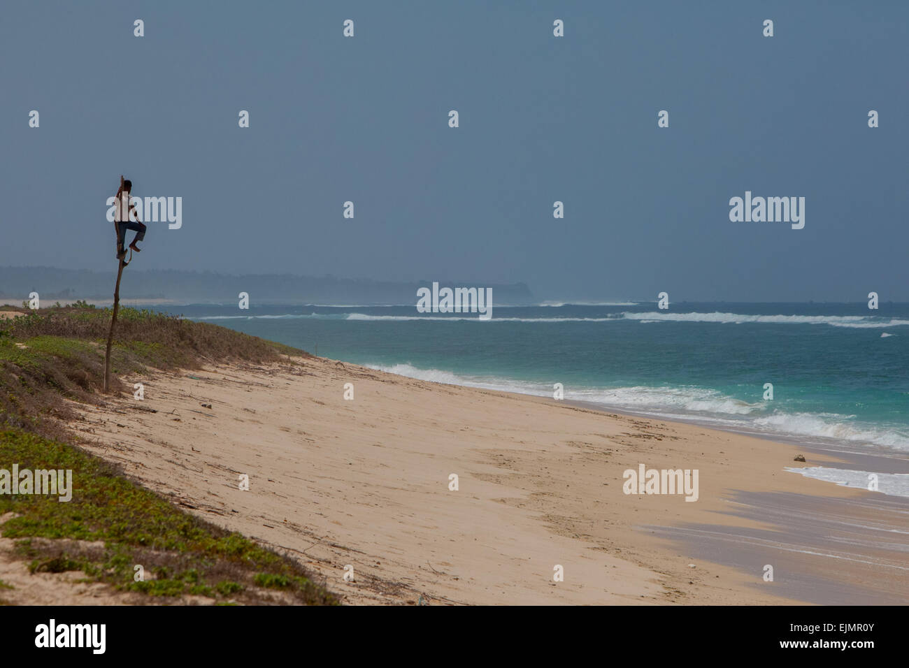A man climbing a wooden post to check weather and fishing possibility ...