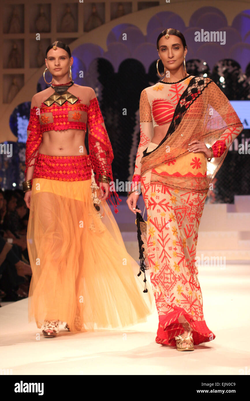 New Delhi, India. 29th Mar, 2015. Models display creations during the ...