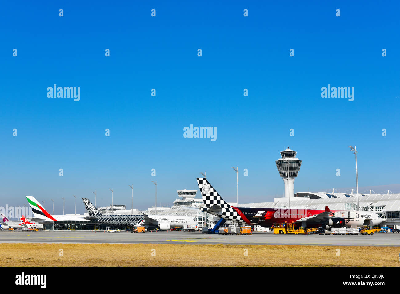 Aircraft Line up, Terminal 1, with Tower, Munich, Freising District ...