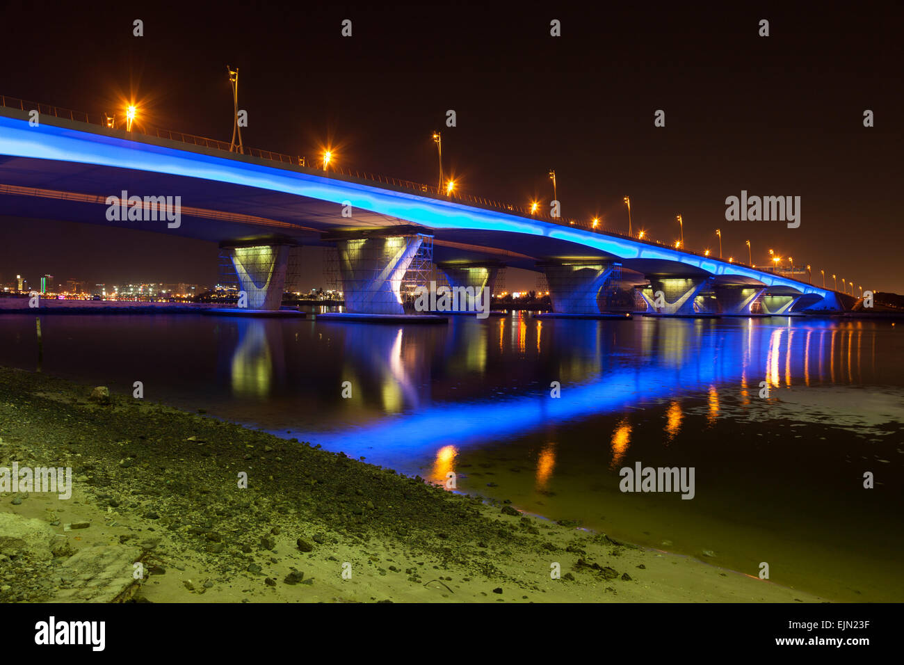 Blue illuminated Al Garhoud Bridge in Dubai, United Arab Emirates Stock ...
