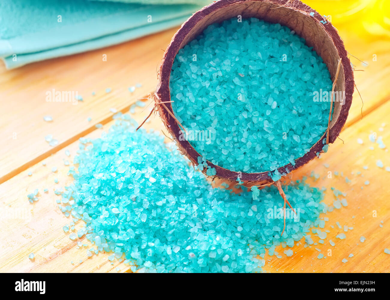 Blue sea salt on the wooden table Stock Photo - Alamy