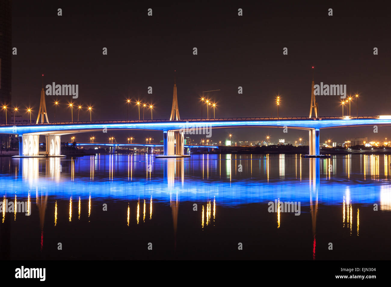 Al Garhoud Bridge illuminated at night. Dubai, United Arab Emirates ...