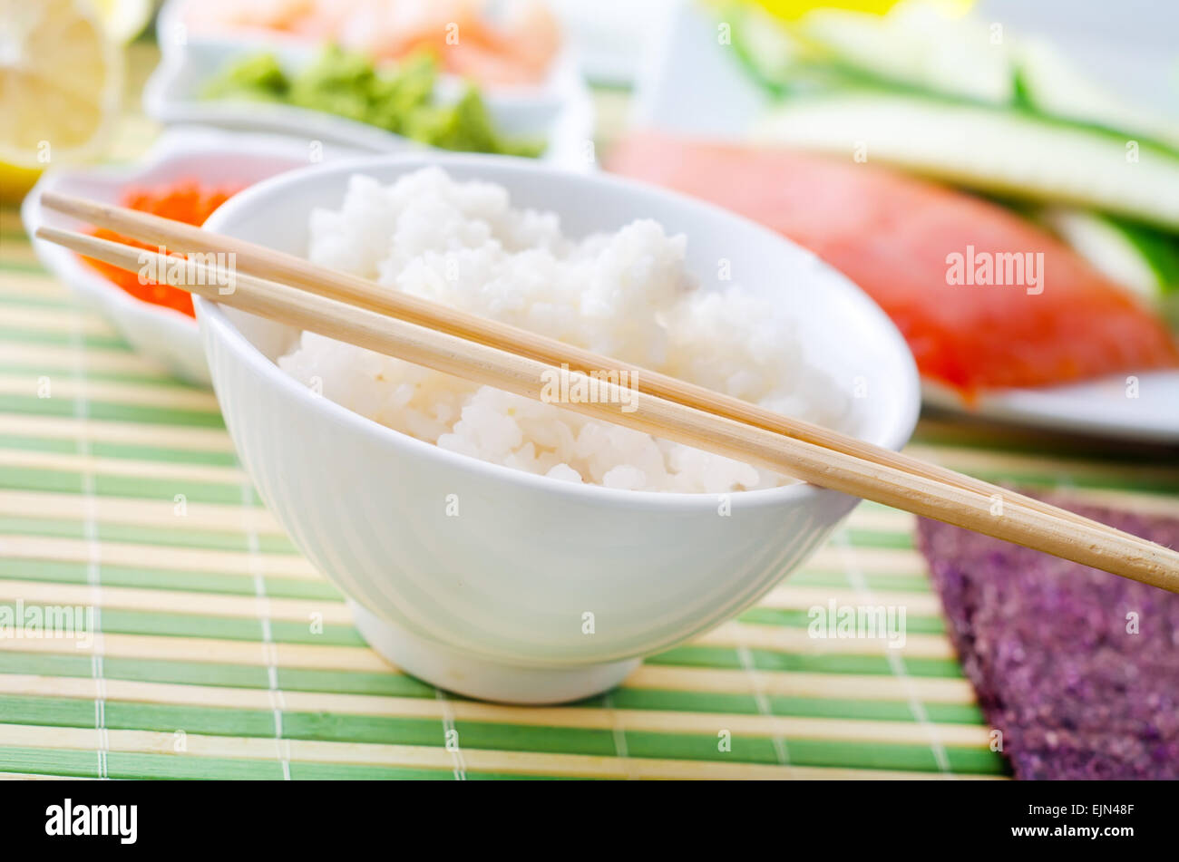 Boiled rice with ingredients for sushi Stock Photo - Alamy