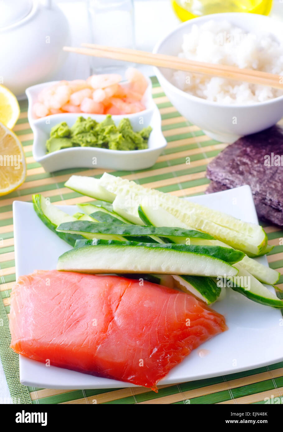 ingredients for sushi, sakmon and cucumber Stock Photo - Alamy