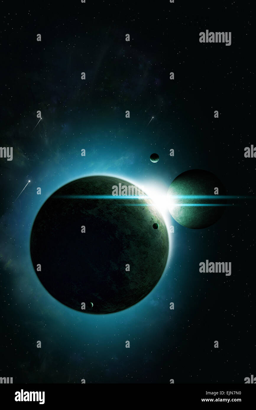 abstract imaginary deep space eclipse illustration with planets and ...