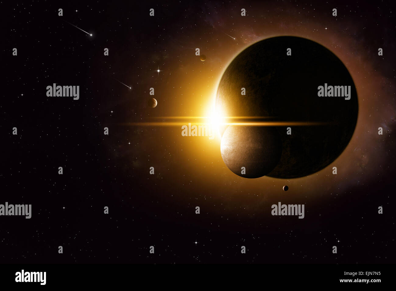 abstract imaginary deep space eclipse illustration with planets and ...