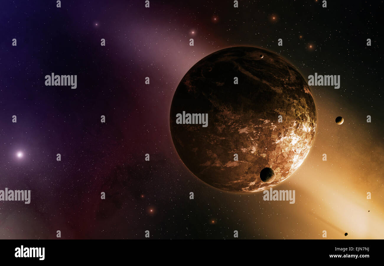 Imaginary planets moons stars nebula in space Stock Photo - Alamy