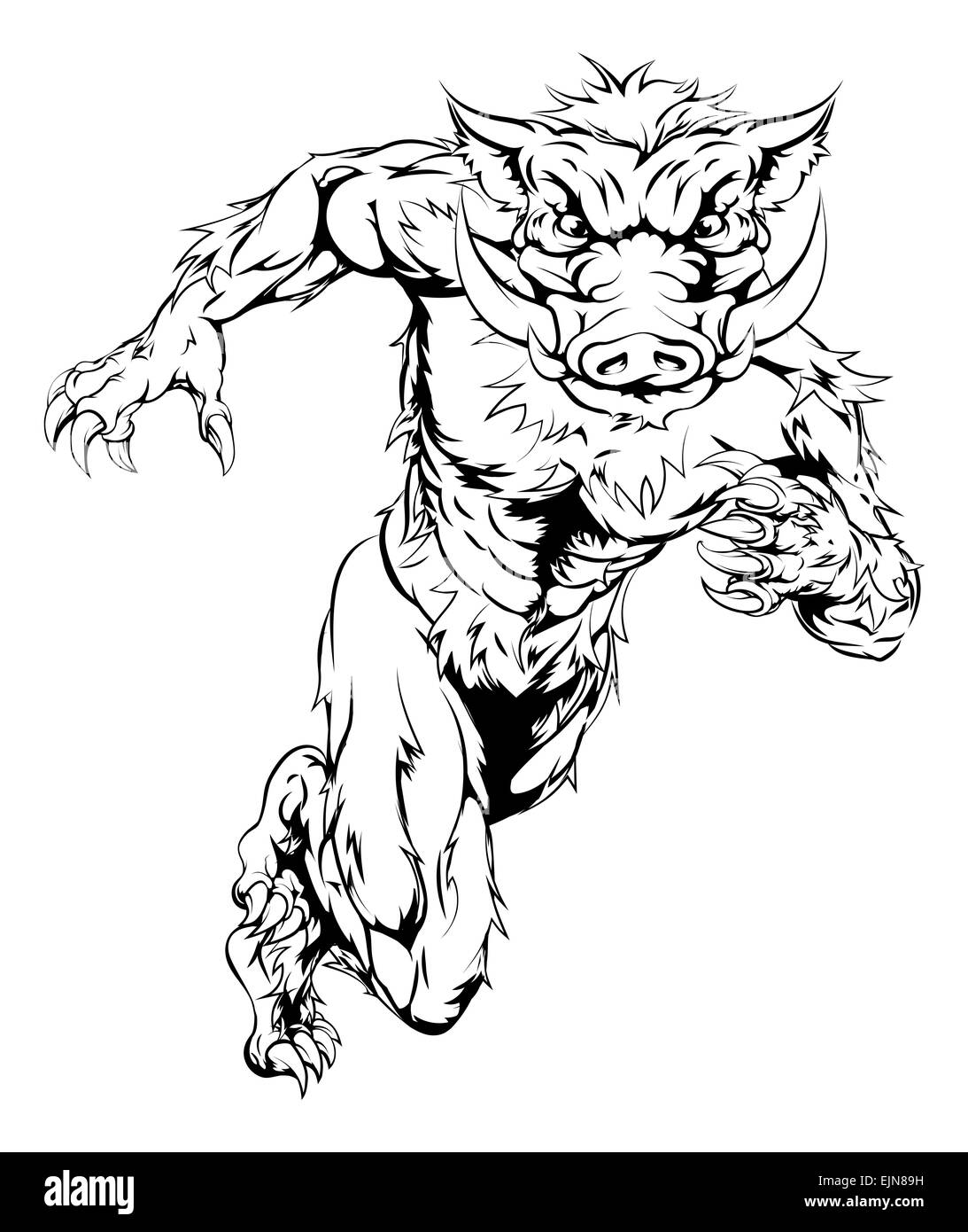 A drawing of a fierce looking boar sports character mascot running ...