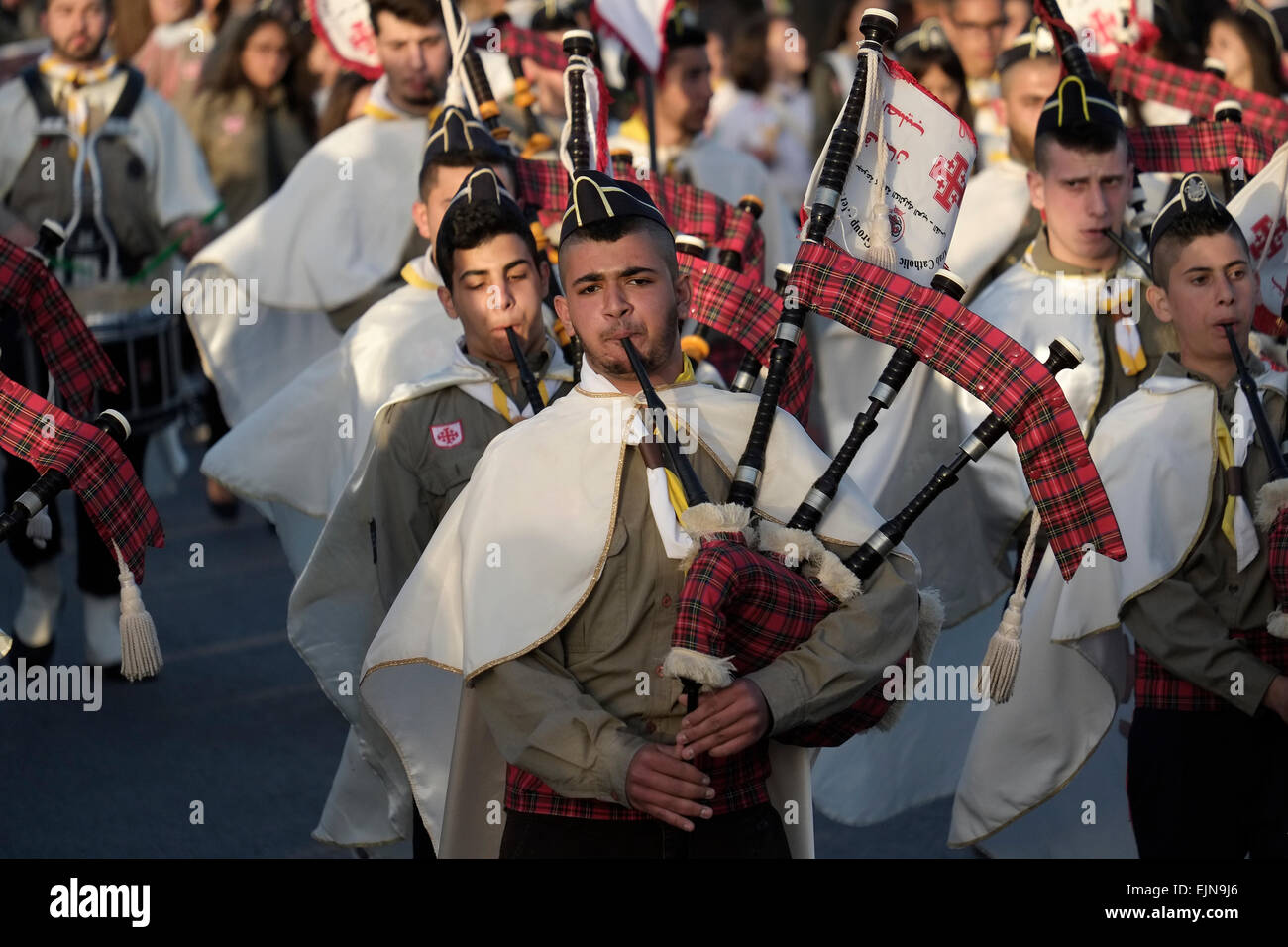 Israel, Jerusalem 29th March. Palestinian Orthodox Scout band play ...