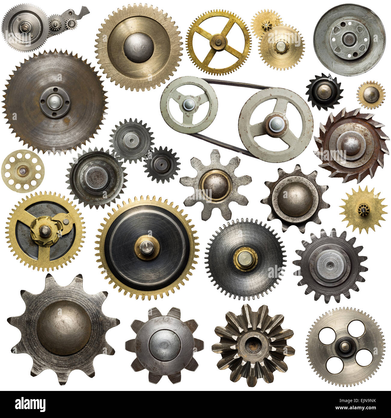 Metal gear, cogwheels, pulleys and clockwork spare parts Stock Photo ...