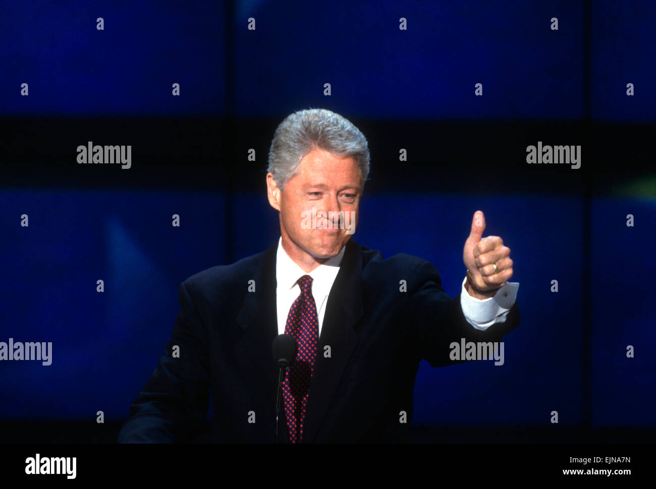 US President Bill Clinton gives the thumbs up to supporters as he accepts the nomination for the ...