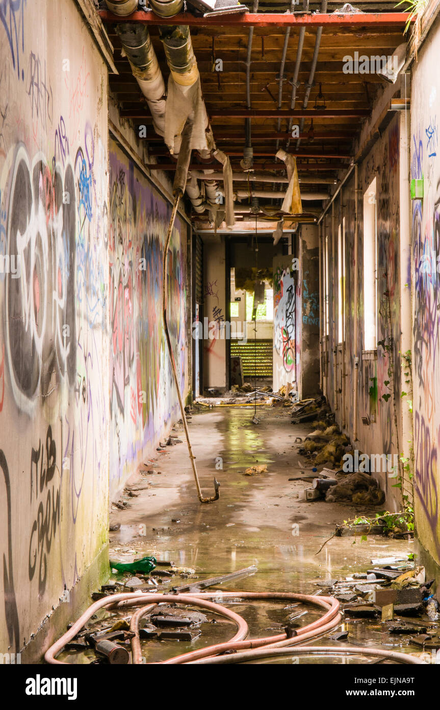 Graffiti on the walls of a corridor in a derelict building Stock Photo ...