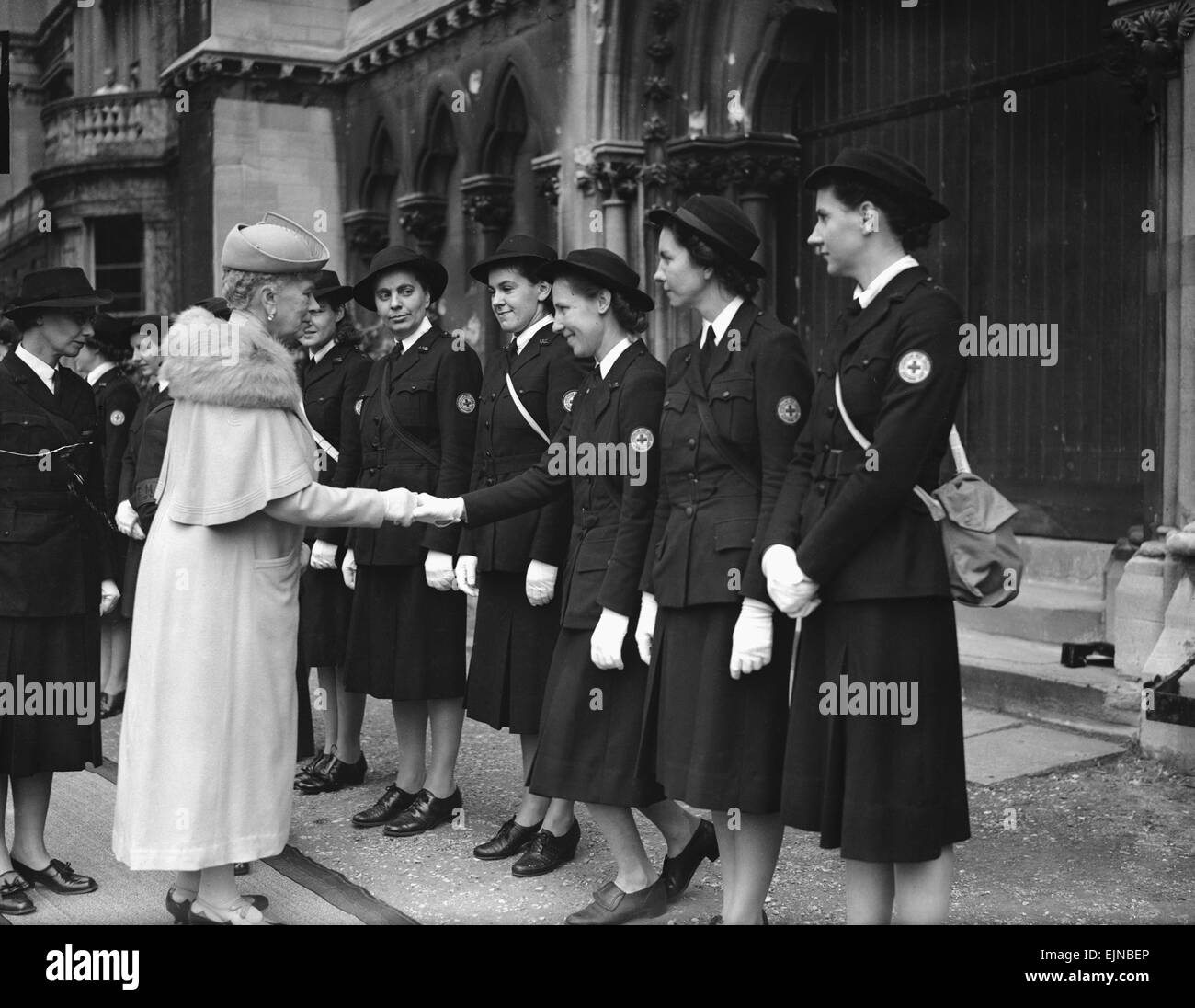 Queen Mary with American red cross women in Bristol during the Second ...