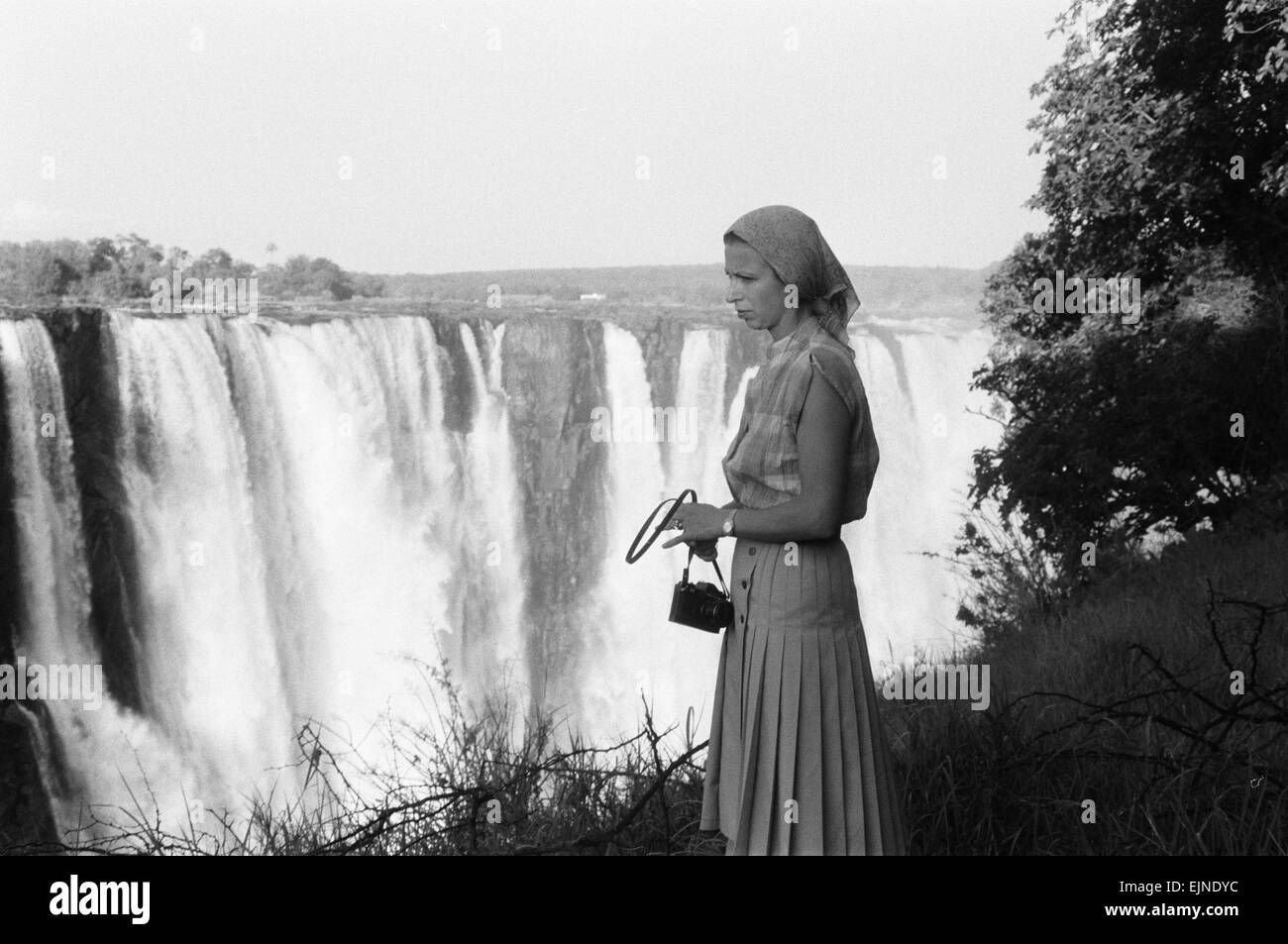Princess Anne, stands in front of Victoria Falls during her visit to ...