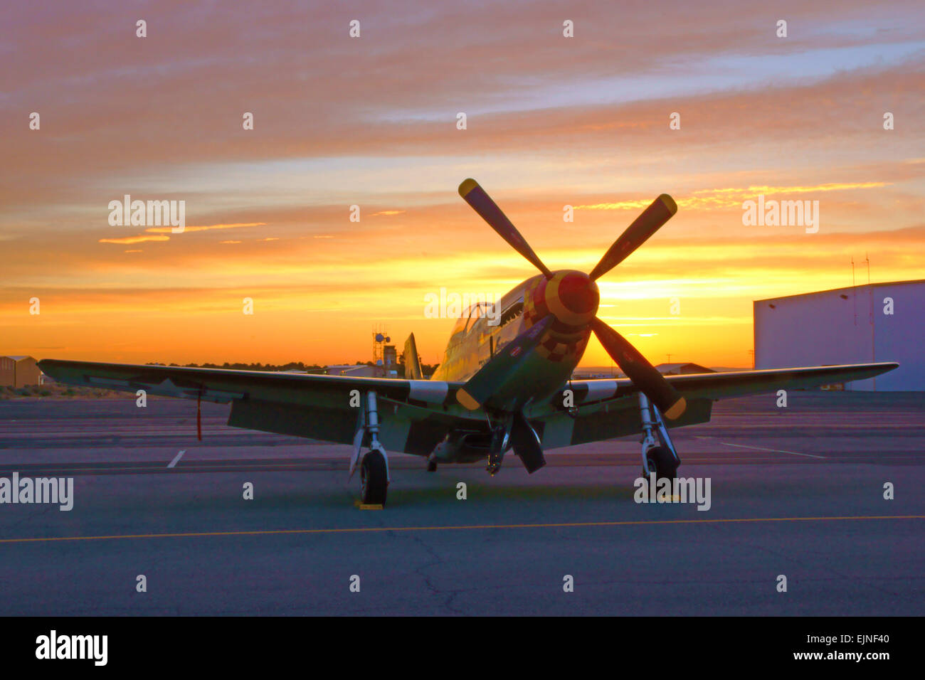 P-51 Mustang Vintage WWII Warbird Propeller Airplane at sunrise on the ...
