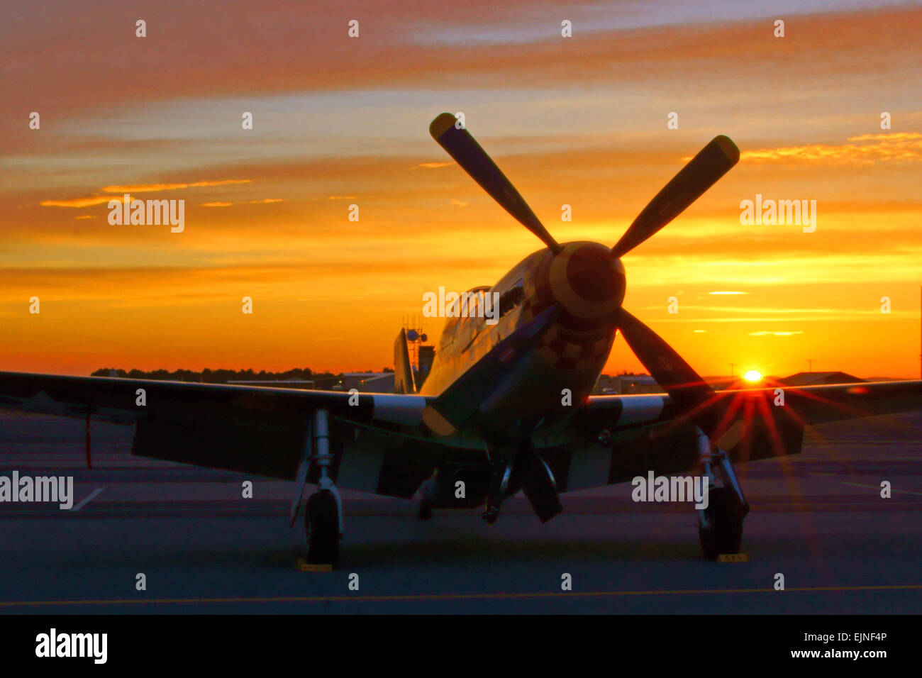 P-51 Mustang Vintage WWII Warbird Propeller Airplane at sunrise on the ...
