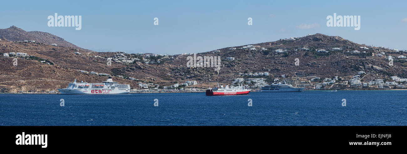 Mykonos, Greece ferry boats and coastline mountains panorama Stock ...