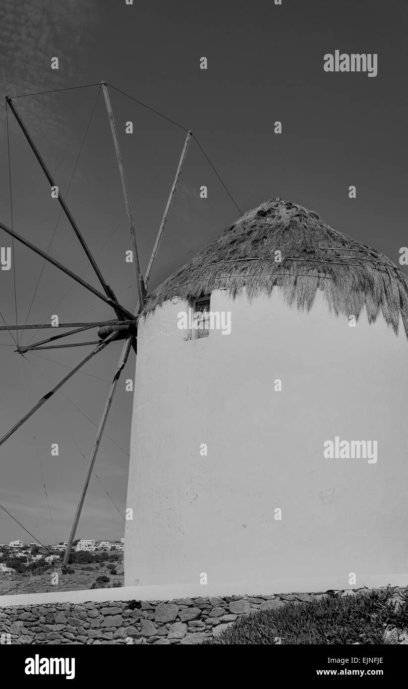 Mykonos, Greece historic windmills BW Stock Photo - Alamy