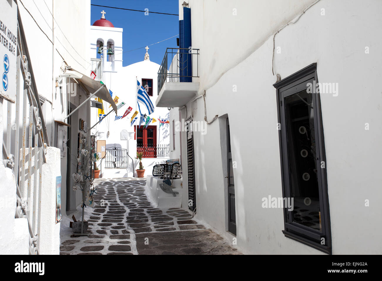 Mykonos, Greece walk to white church cobblestone path Stock Photo - Alamy