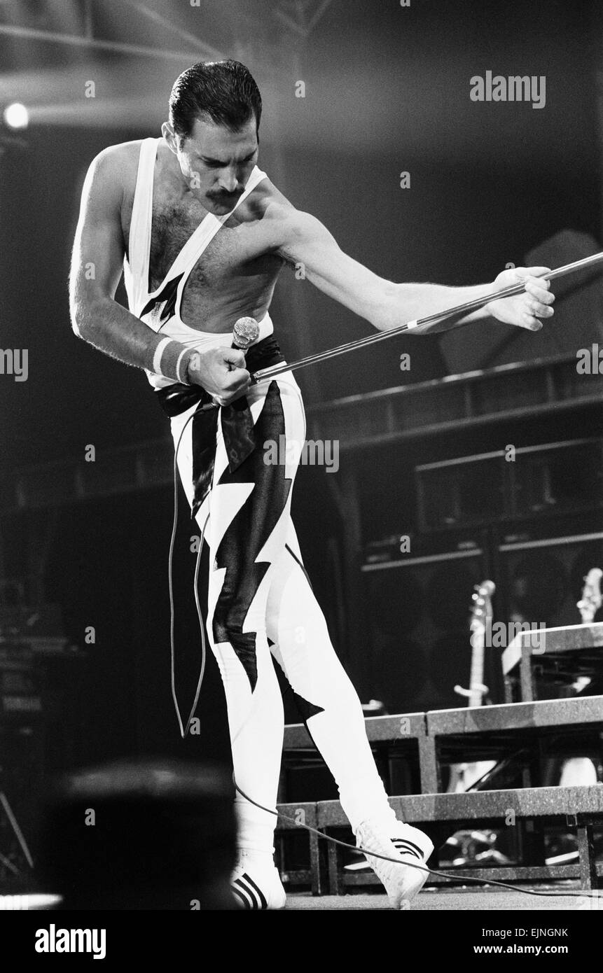 Rock group Queen in concert at Wembley Arena. Lead singer Freddie ...