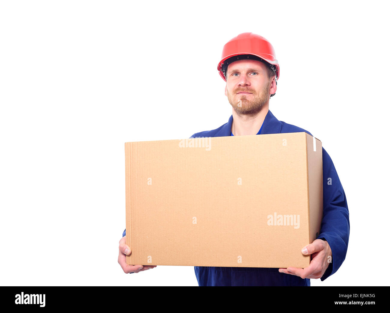 Construction worker holds carton box. Isolated on white Stock Photo - Alamy