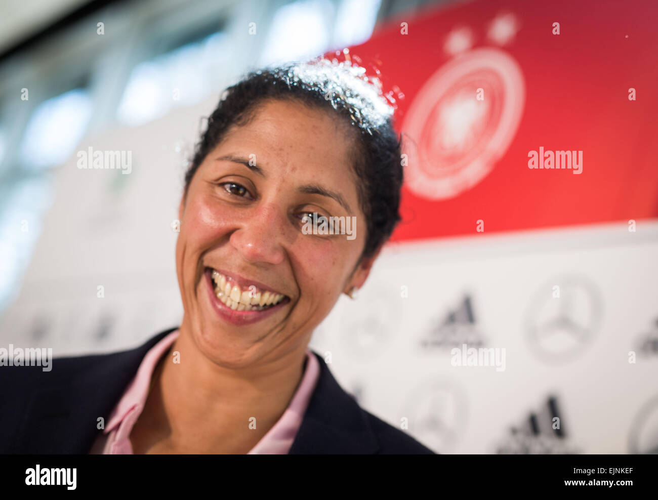 Steffi Jones smiles after a press conference at the headquarter of the ...