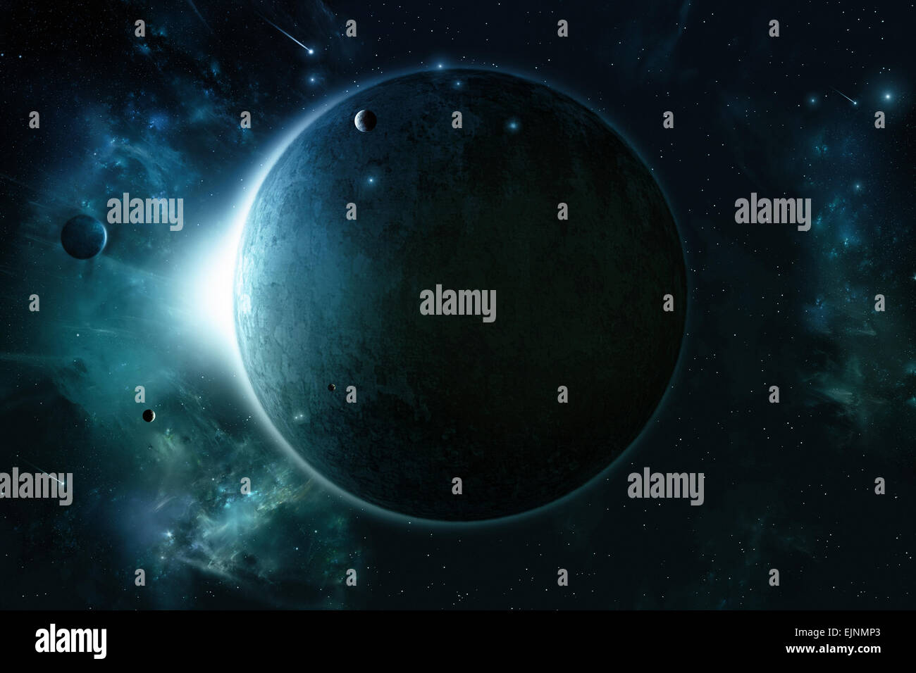 Imaginary deep space abstract illustration with planets and moons Stock ...