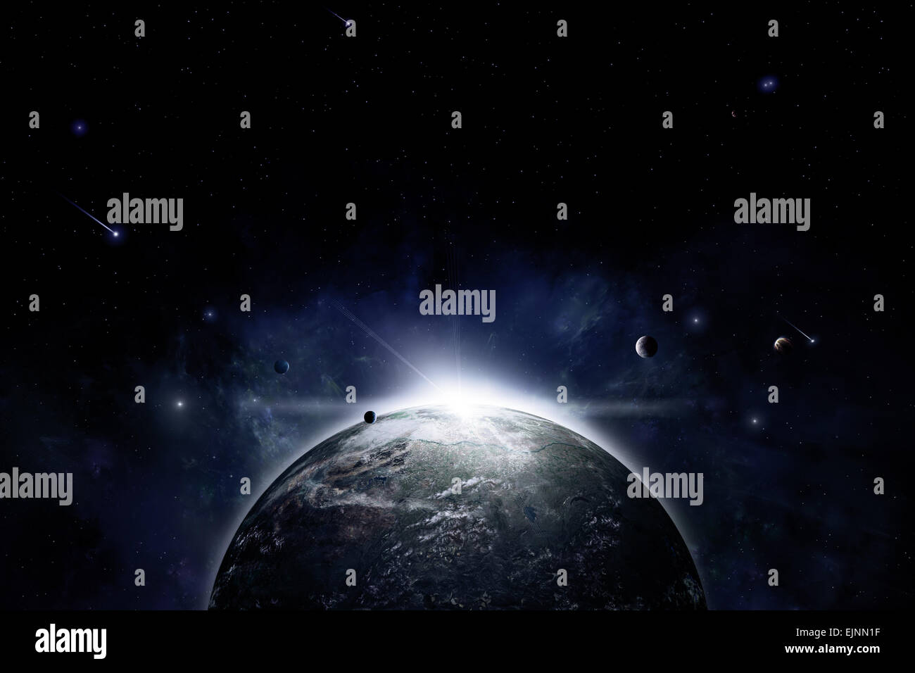 Imaginary deep space abstract illustration with planets and moons Stock ...