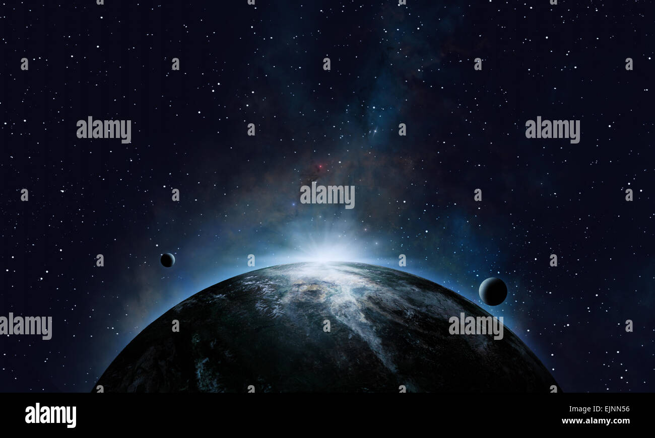 cosmic space background with planet sun and moons Stock Photo - Alamy
