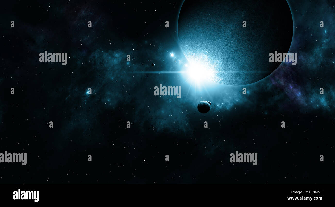 cosmic deep space background with planets sun eclipse and moons Stock ...
