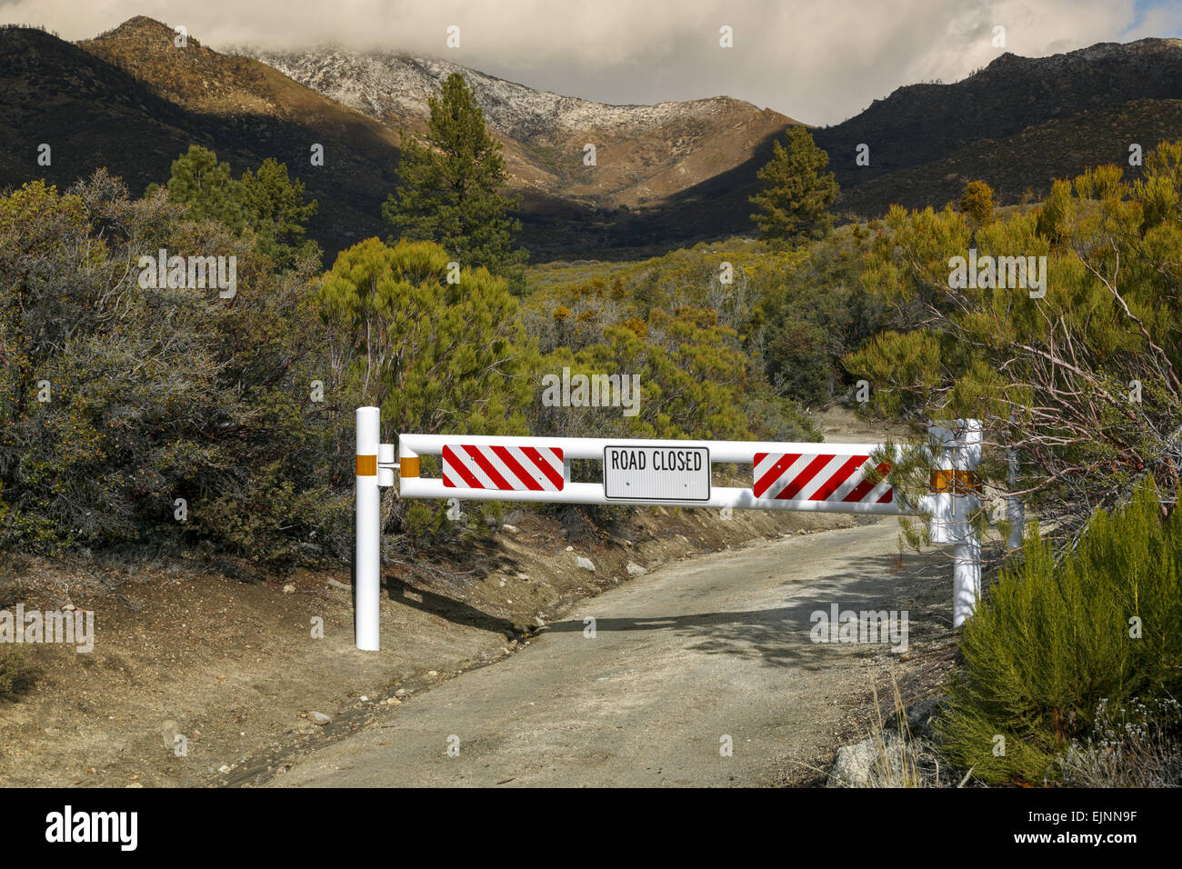 Mountain scene barrier across road sign warning road closed Calfiornia ...