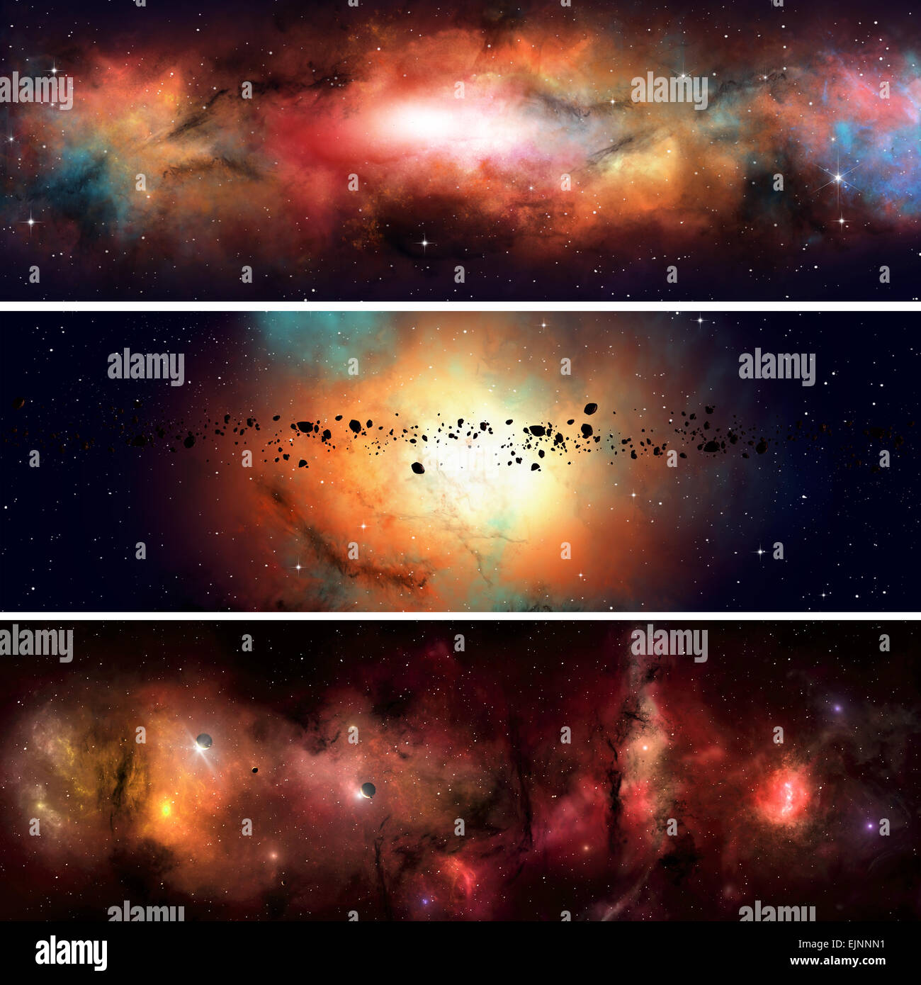abstract imaginary deep space nebula banners with planets and asteroids ...