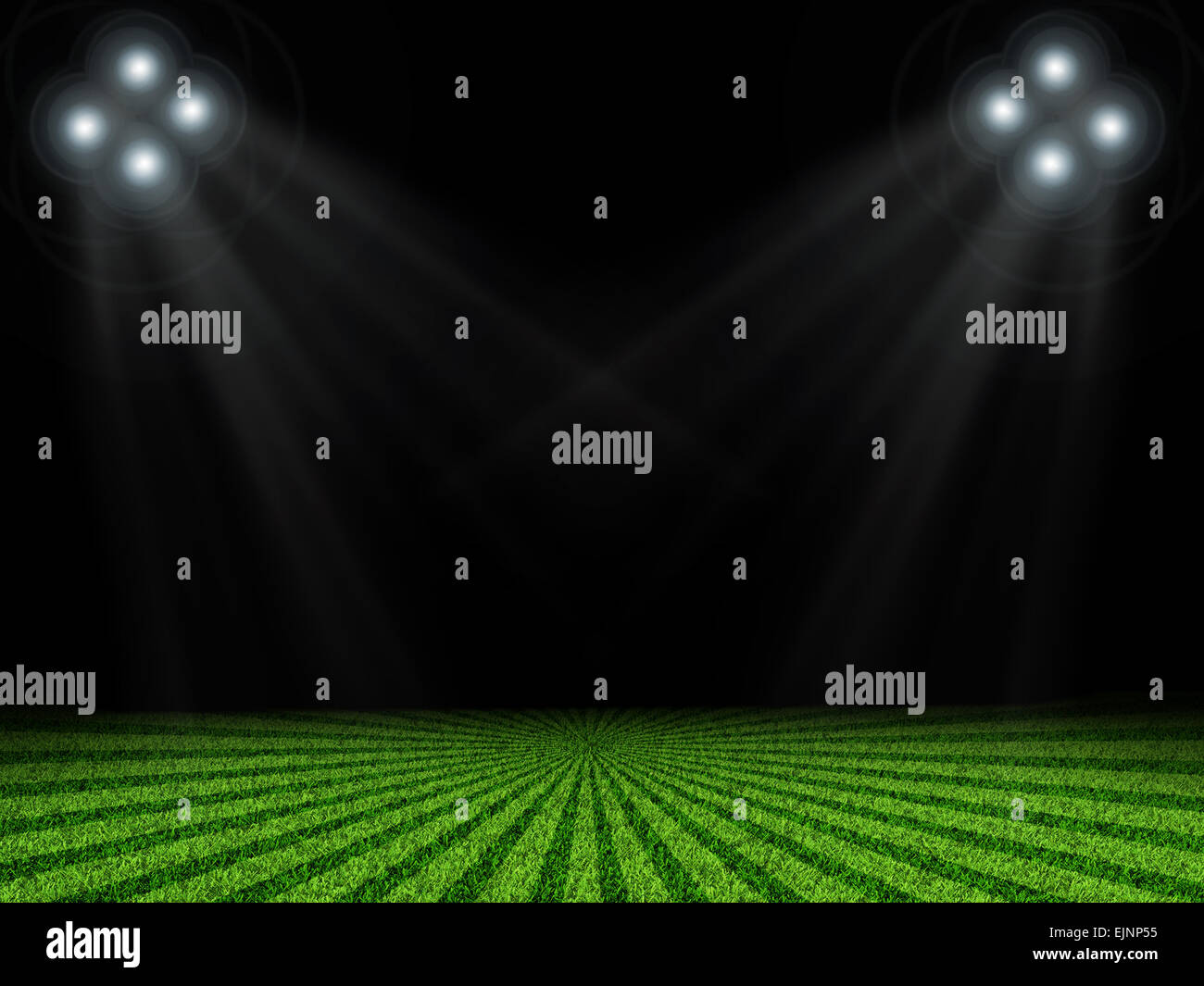 Abstract background is green grass, stripes at bottom and spotlights ...