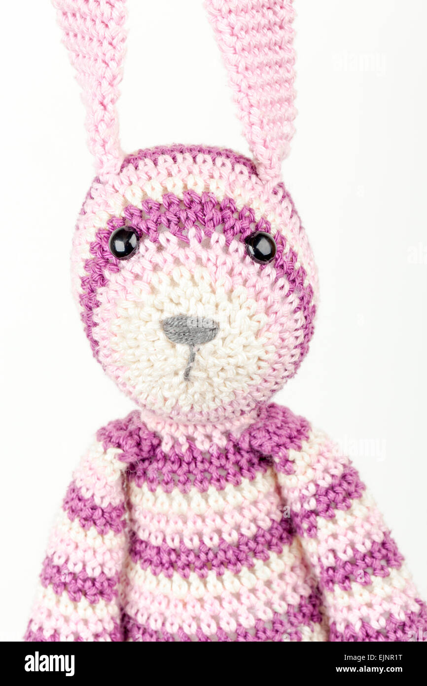 Funny knitted rabbit toy headshot portrait on white background Stock ...