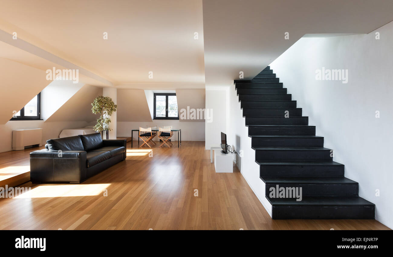 Interior, beautiful loft, hardwood floor, view living room Stock Photo ...