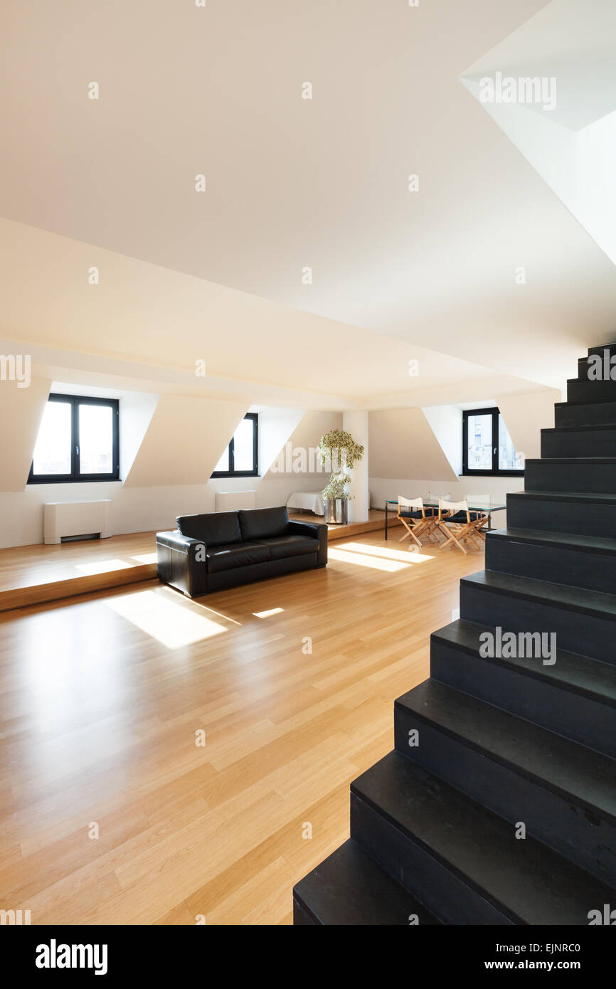 Interior, beautiful loft, hardwood floor, view living room Stock Photo ...