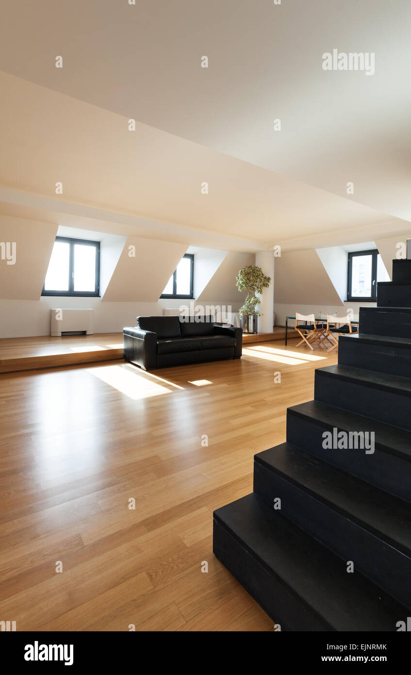 Interior, beautiful loft, hardwood floor, view living room Stock Photo ...