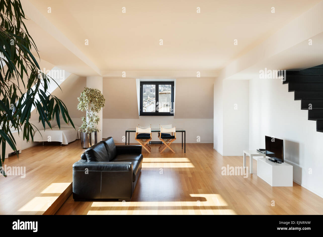 Interior, beautiful loft, hardwood floor, view living room Stock Photo ...
