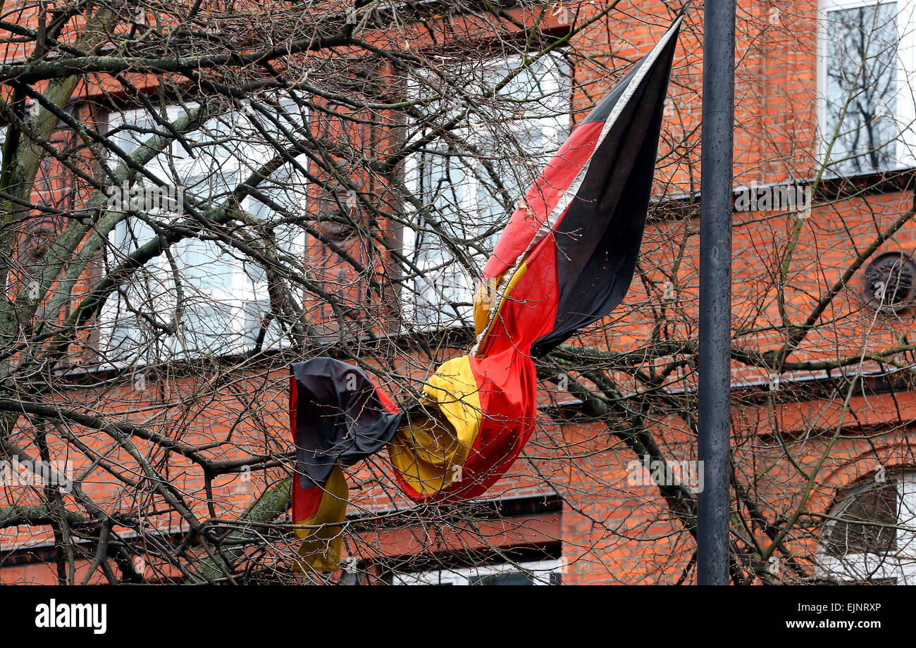 Berlin, Germany. 30th Mar, 2015. A German flag has gotten tangled in a ...