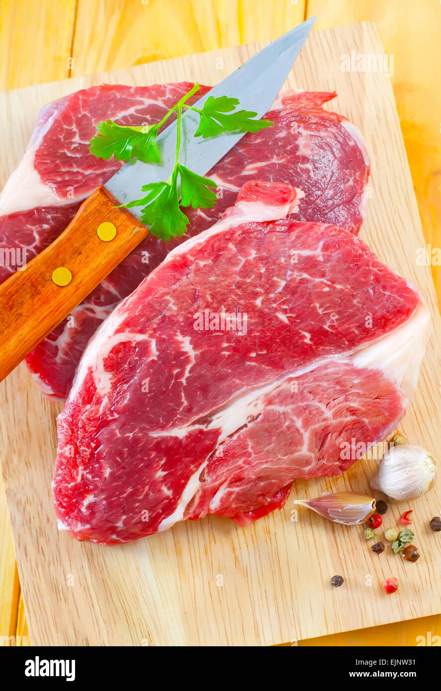 raw meat and aroma spice on the wooden board Stock Photo - Alamy
