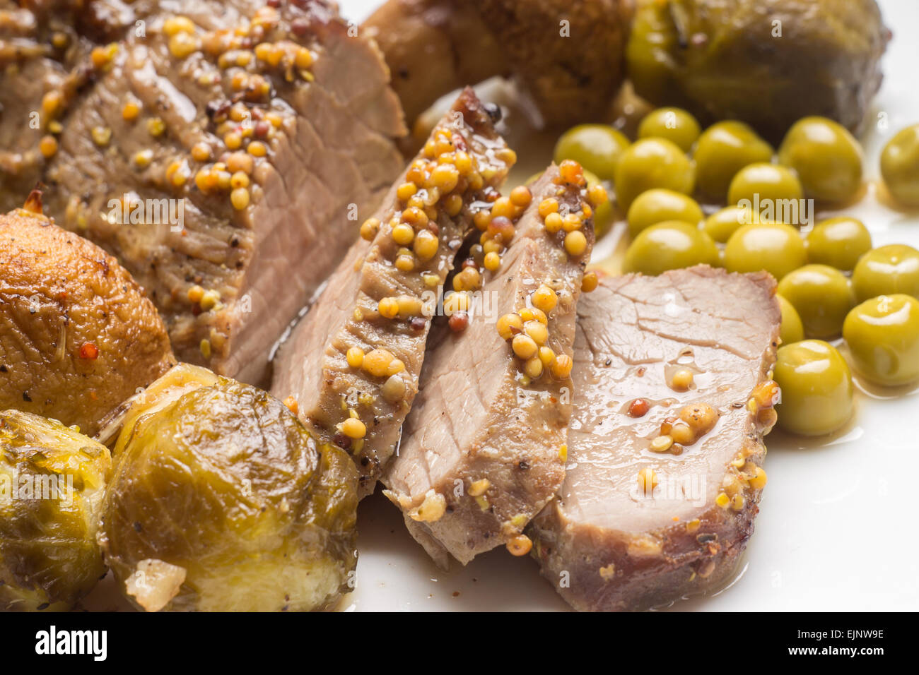Cooking recipe or restaurant menu background. Roast beef with grilled ...