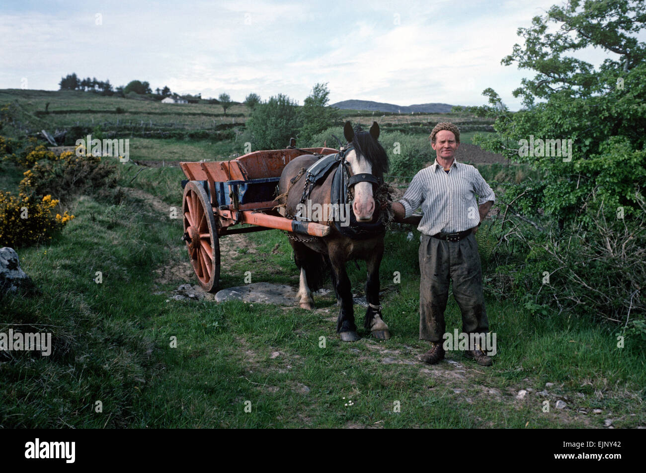 Blue Stack Mountains farmer with horse and cart carrying potatoes ...