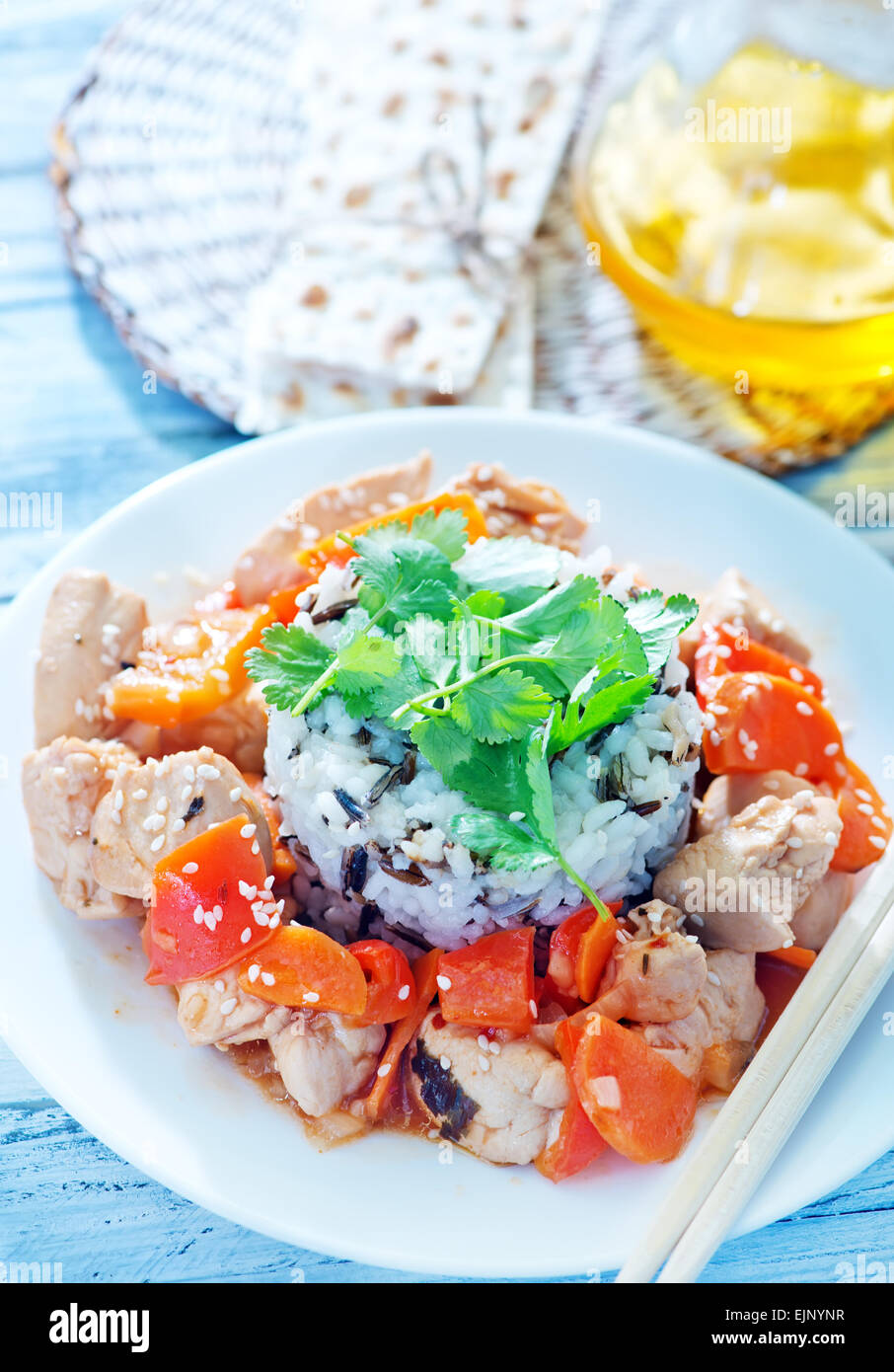 asian food: boiled rice with fried chicken Stock Photo - Alamy