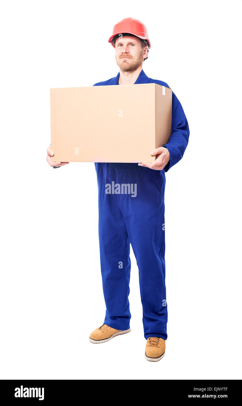 Construction worker holds carton box. Isolated on white Stock Photo - Alamy